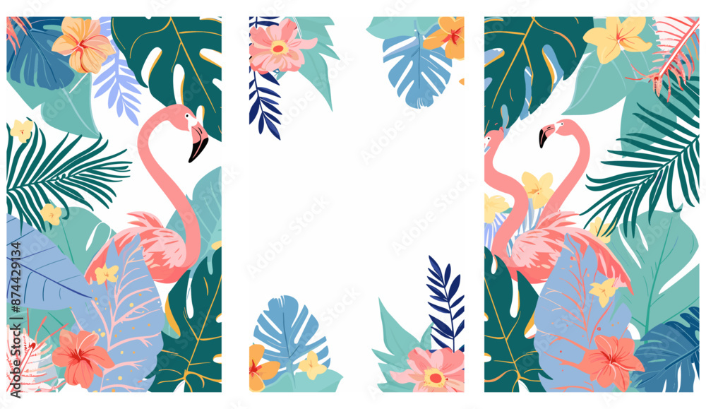 Summer background collection with palm trees, flamingos, and flowers ...