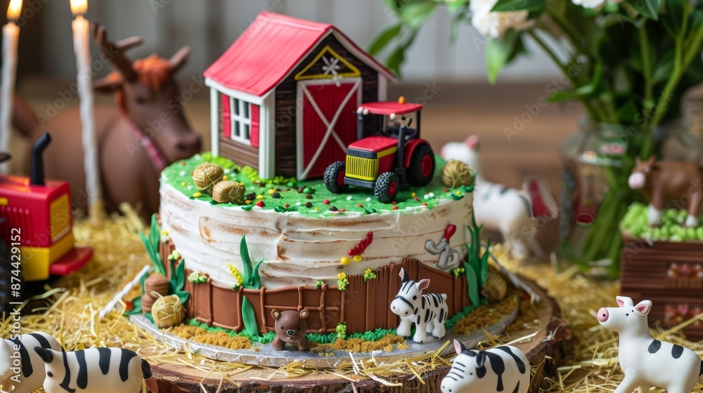 Farm-Themed Birthday Cake With Barn, Tractor, and Farm Animal ...