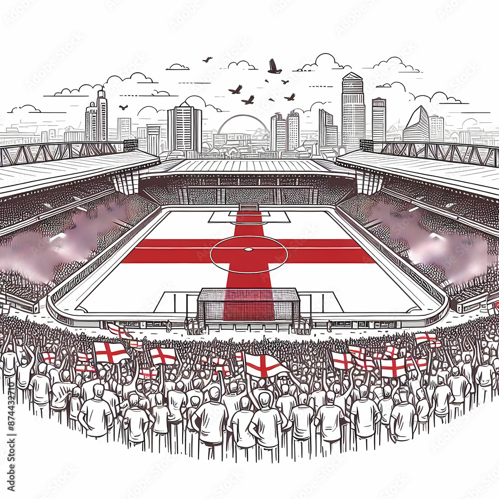 outline illustration football stadium fans banners using white red ...