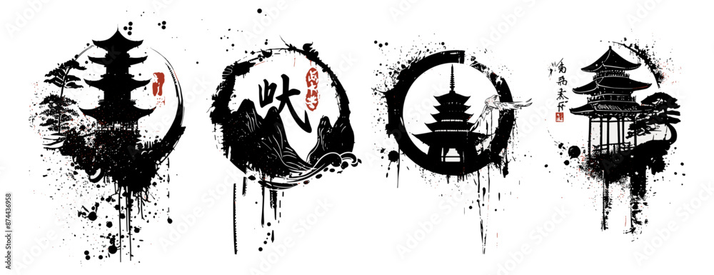 Japanese ink design, brush vector stain set, asian symbol collection ...