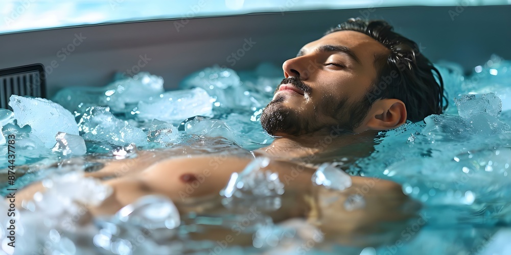 Man enjoying rejuvenating cold water therapy in an ice-filled tub at a ...