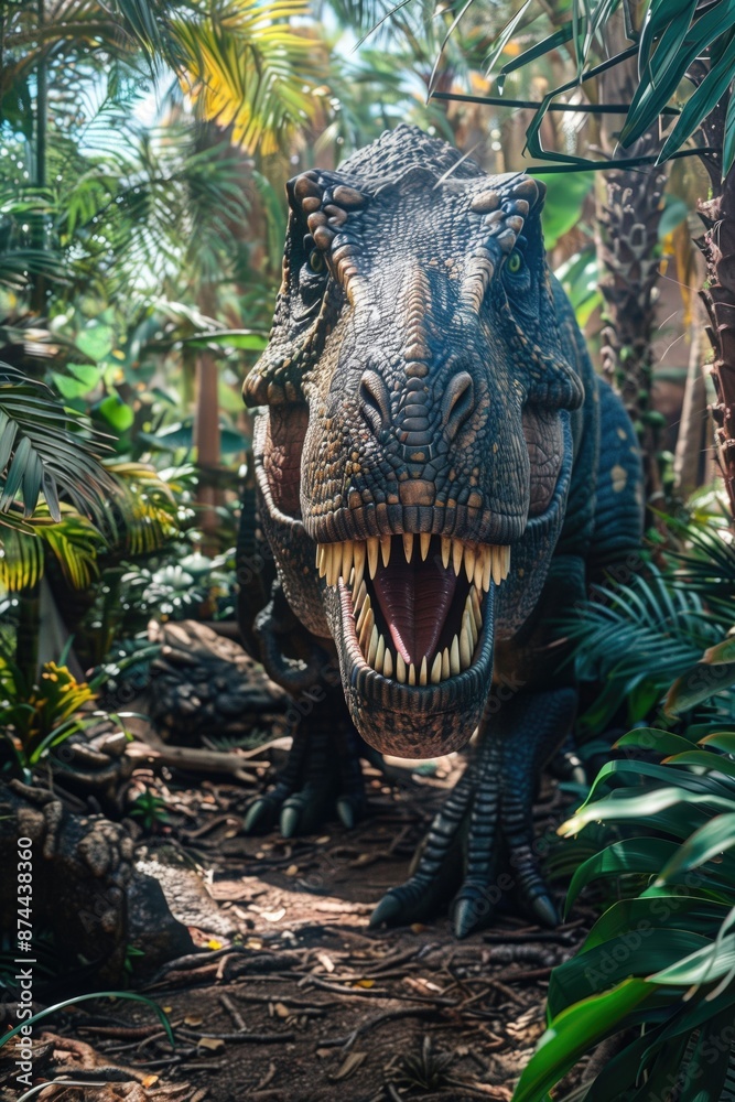 Realistic animatronic T-Rex dinosaur in lush jungle environment with ...
