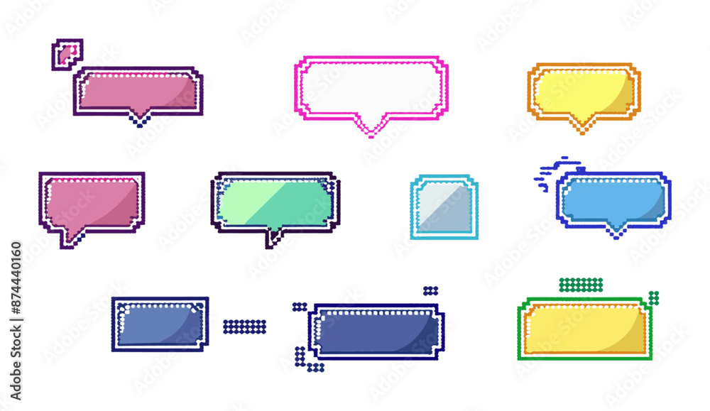 Retro 8-bit video game dialogue chat boxes set. Pixel art speech bubbles with colorful frames ...