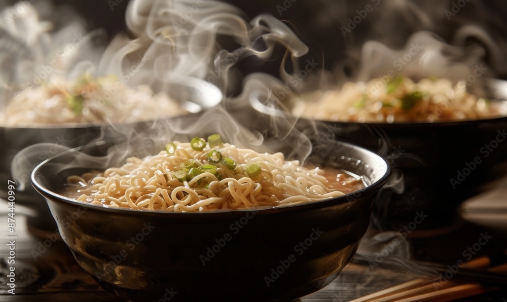 steaming bowl of ramen noodles surrounded by various types of pasta ...