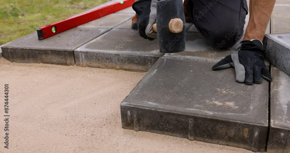 man laying concrete paving slabs with rubber hammer. terrace pavement ...