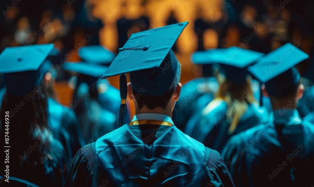 group of students in blue caps and gowns photographed from behind at a ...