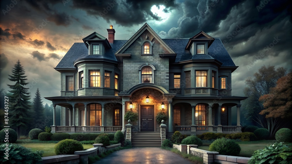 Mysterious Victorian Mansion with Gothic Architecture and Dark Stormy ...