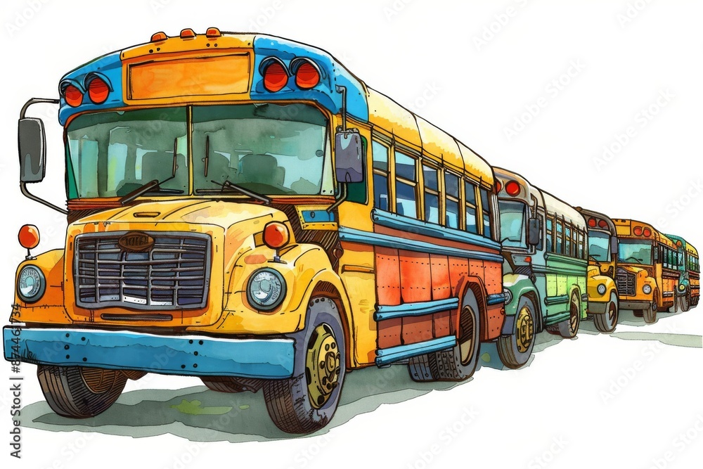 A line of school buses, each showcasing a different sports theme ...