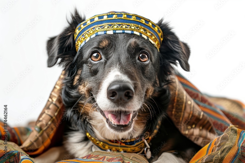 Happy Dog wearing Cleopatra costumes, studio lighting, isolated on ...