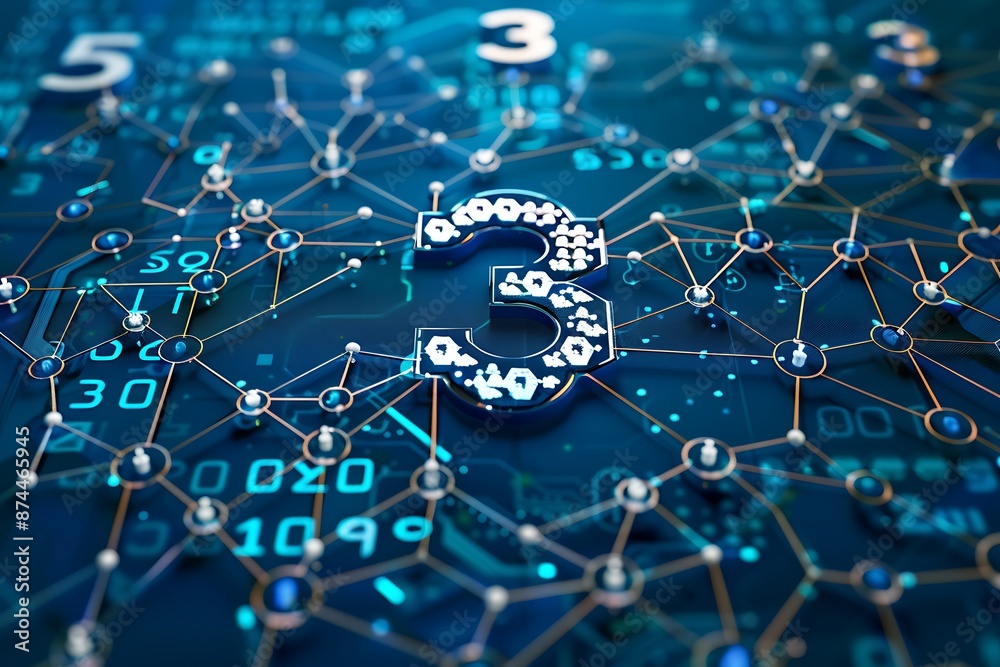 '3' as a series of interconnected digital nodes, forming a network on a ...