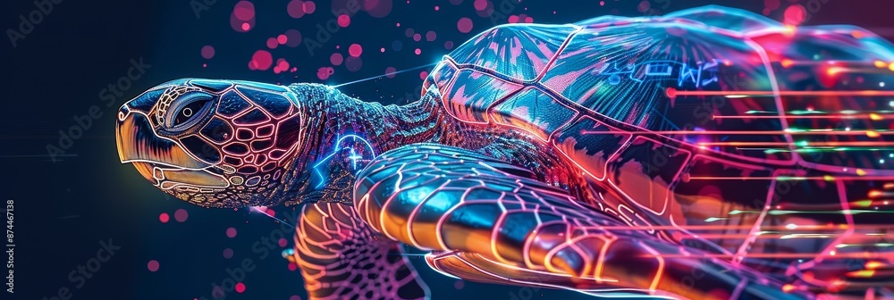 Digital of a turtle transforming into a robotic,cyberpunk creature ...