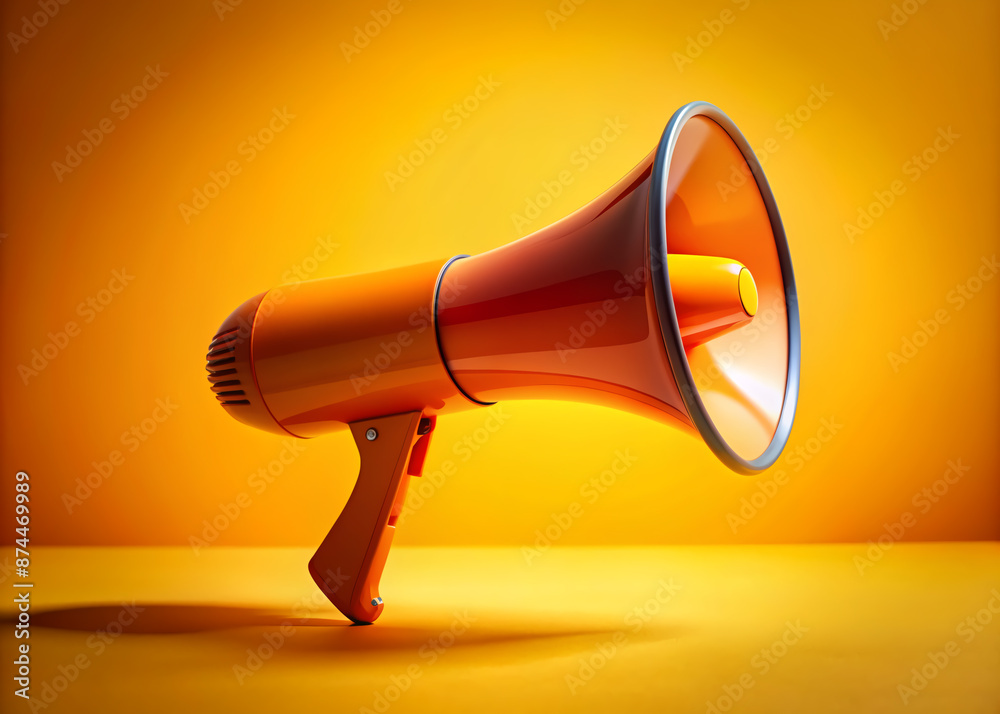 Vibrant orange megaphone standing upright on a bright yellow background ...