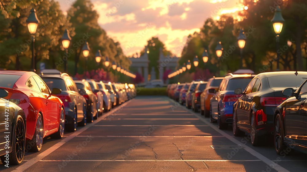 An endless line of cars on a busy street meets a fiery sky, where ...