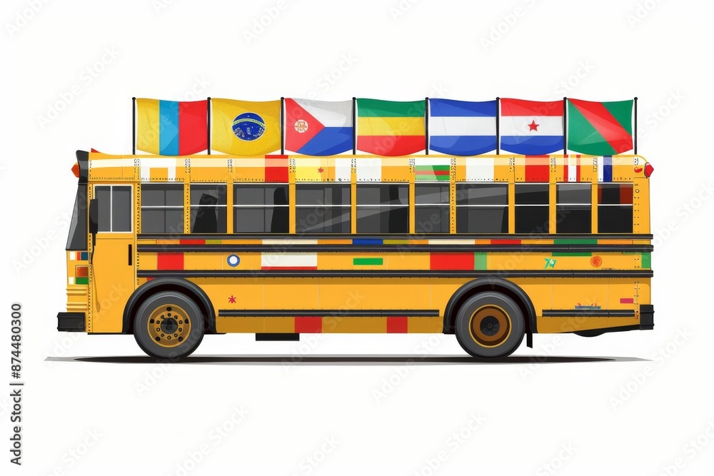 A school bus is decorated with flags from around the world, symbolizing ...
