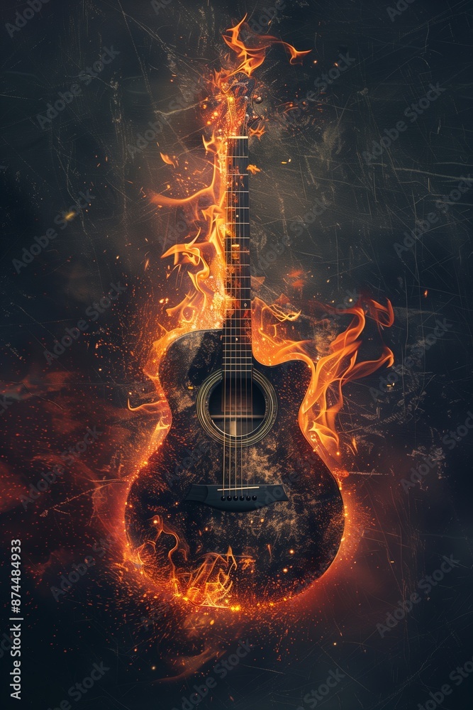 Rock guitar fire burning engulfed in flames, creating a dramatic and ...