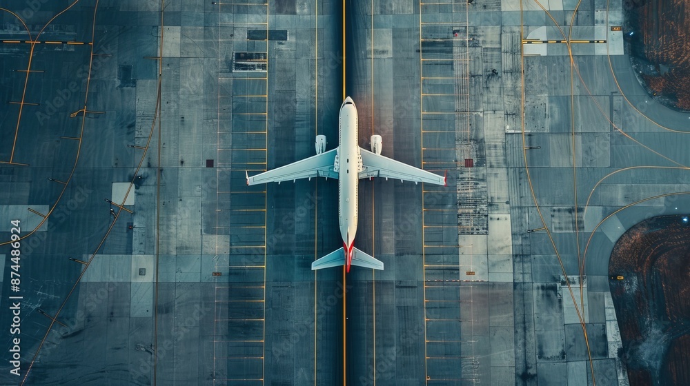 Top-down view of a narrow-body aircraft taking off from an airport ...