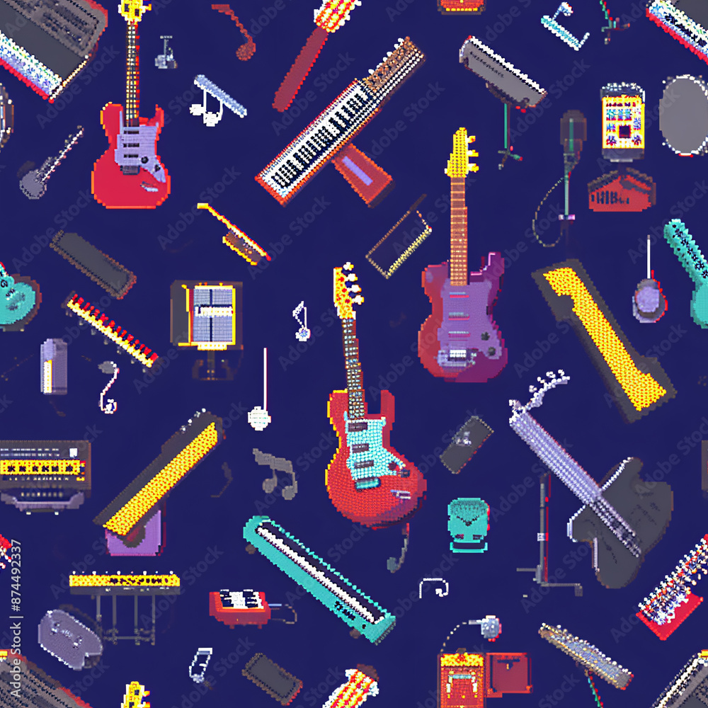 Pixel art template of musical instruments and notes, featuring guitars ...