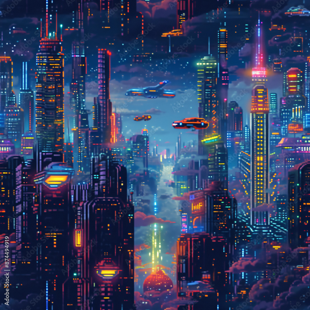 Pixel art pattern of a futuristic cityscape, featuring skyscrapers ...