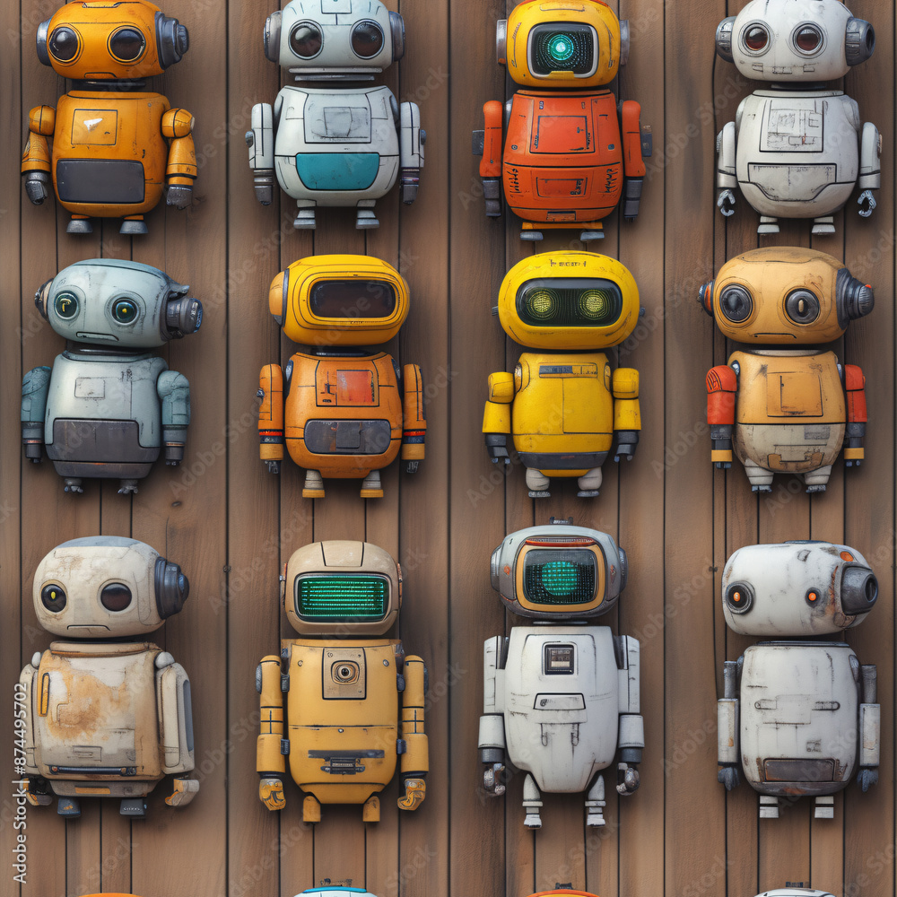 Pixel art template of vintage robots, with different designs and poses ...