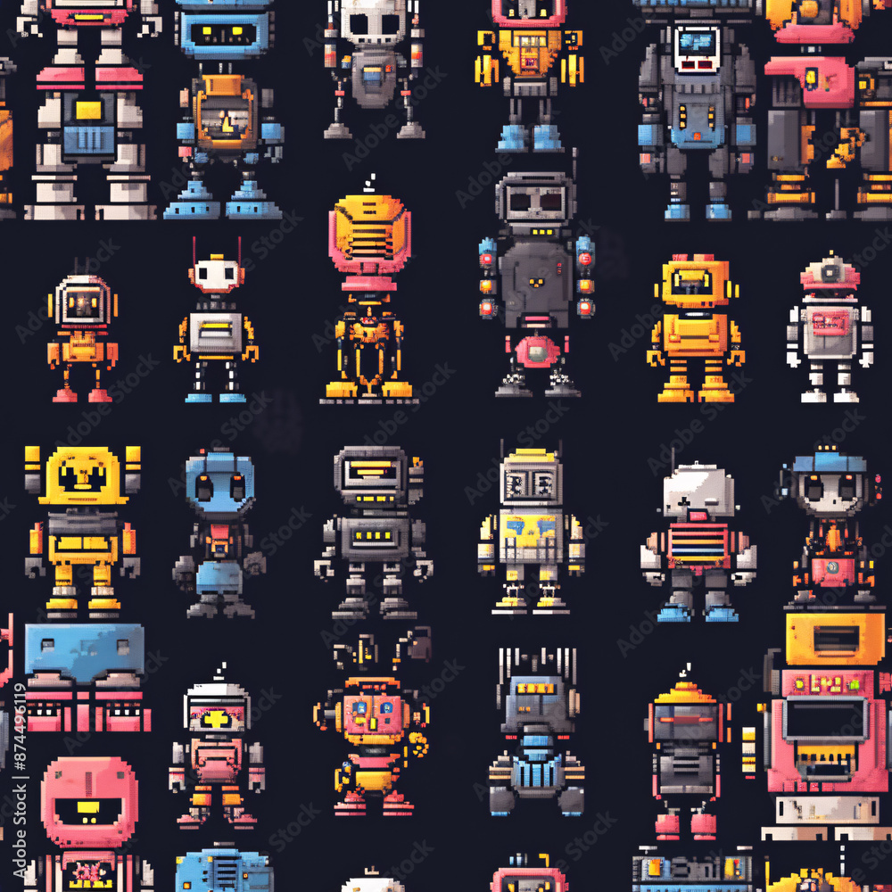 Pixel art template of vintage robots, with different designs and poses ...