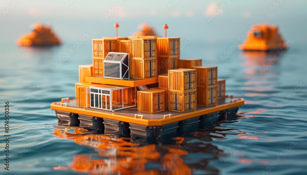 A floating warehouse system, where cargo ships dock and transfer goods ...