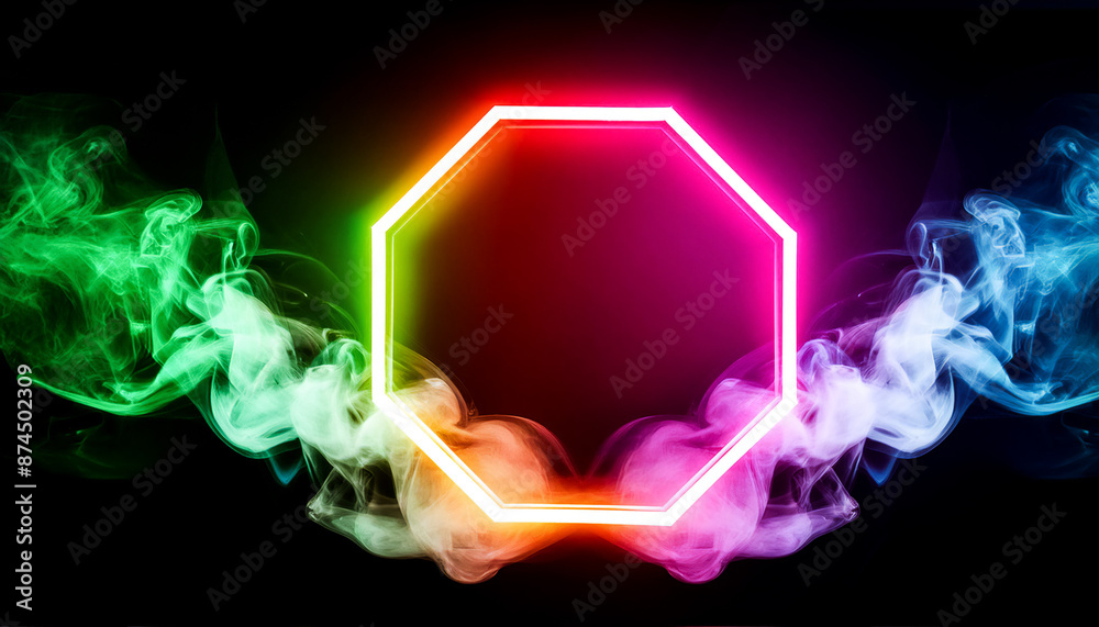 Smoke of bright gradient color, taking the shape of a Octagon, flying ...