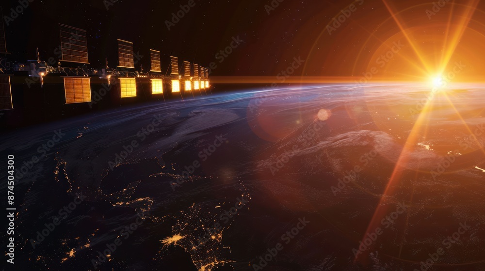 Silhouette view of a fleet of Internet starlink satellites in orbit ...