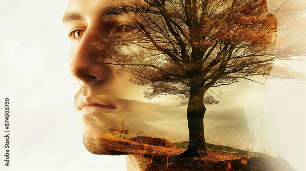 Double exposure combines a male face and a branching tree with green ...