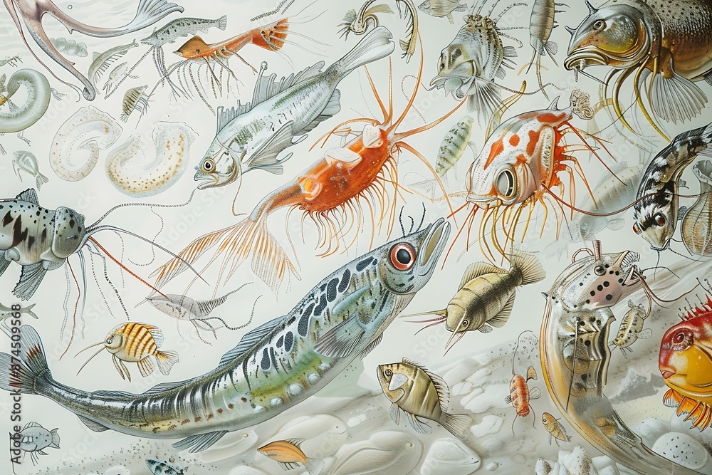 A detailed illustration of the various types of plankton that form the ...