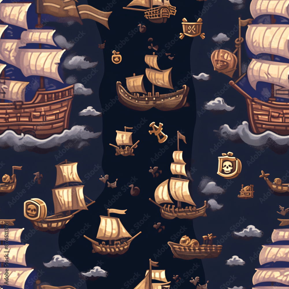 Pixel art pattern of pirate ships, treasure chests and pirate flags ...