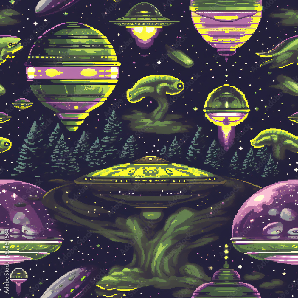 Pixel art pattern of aliens and UFOs, featuring different alien species ...