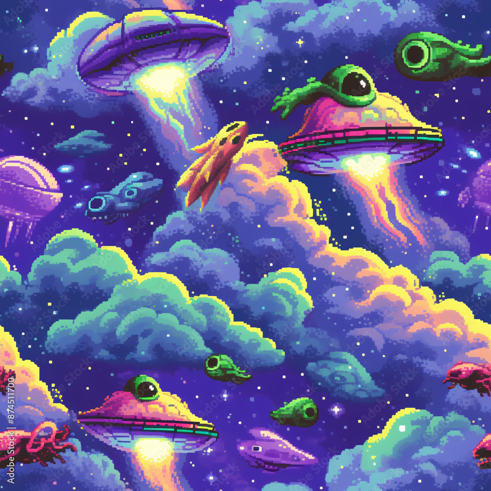 Pixel art pattern of aliens and UFOs, featuring different alien species ...