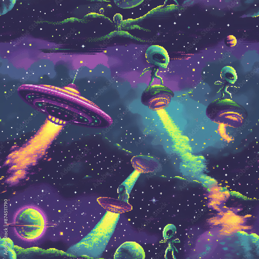 Pixel art pattern of aliens and UFOs, featuring different alien species ...