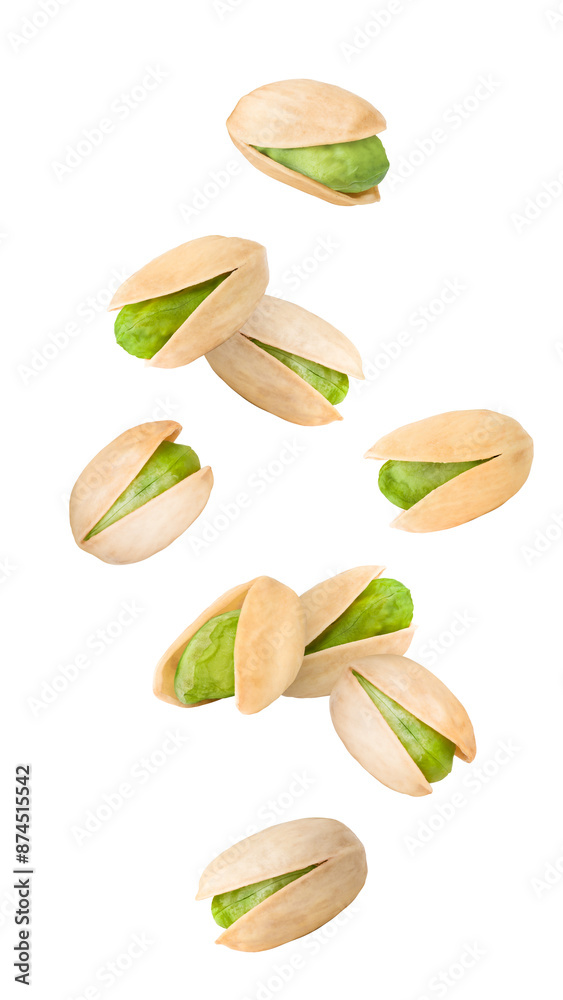 Falling pistachio isolated on white background, full depth of field ...