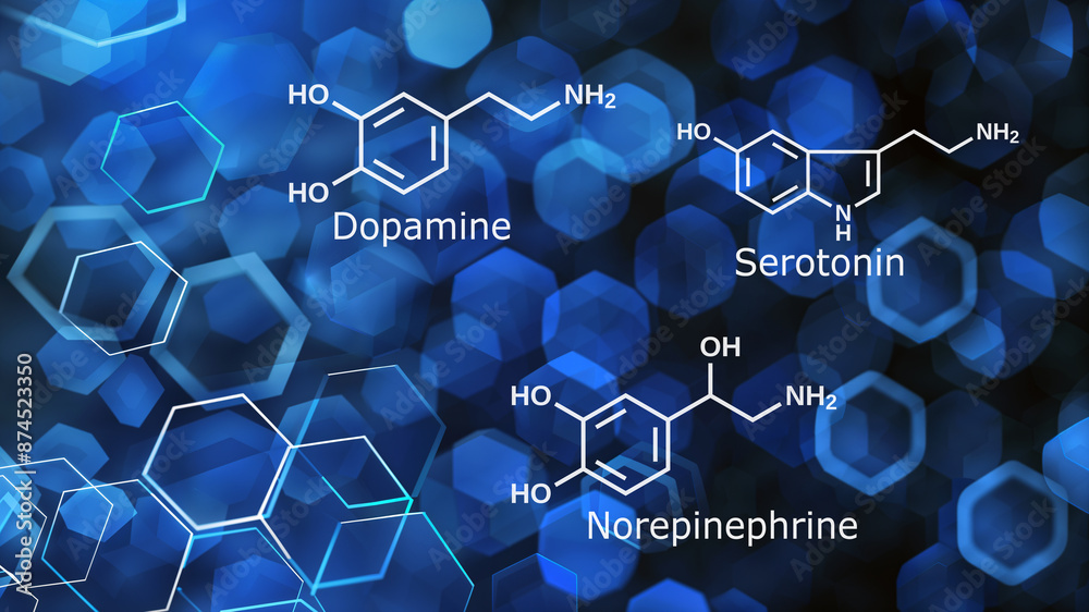 Dopamine, serotonin, and norepinephrine molecules. Happiness hormones ...