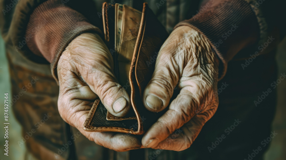 Elderly hands holding an empty wallet, depicting poverty, financial ...