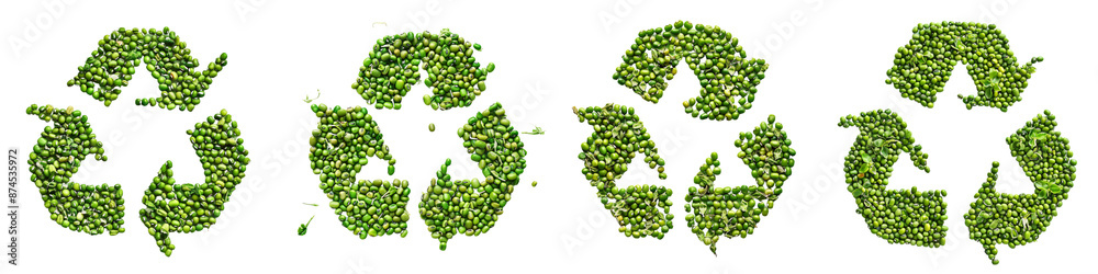 Set of A Eco recycling symbol made of green mung bean on a transparent ...