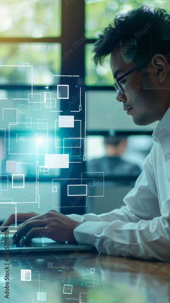 Foto de Businessman working on laptop with document management icon ...