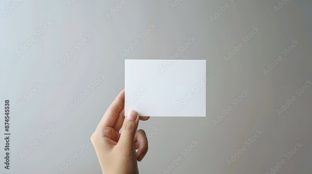 Hand holding greeting card mockup on clean background. White empty ...