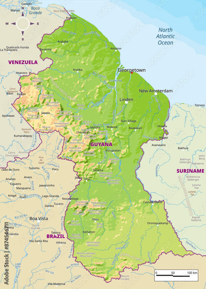 Detailed physical map of Guyana Stock Vector | Adobe Stock