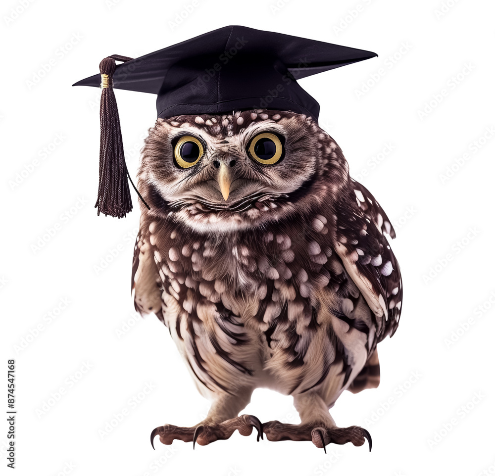 Cute little owl in graduation cap isolated on transparent background ...
