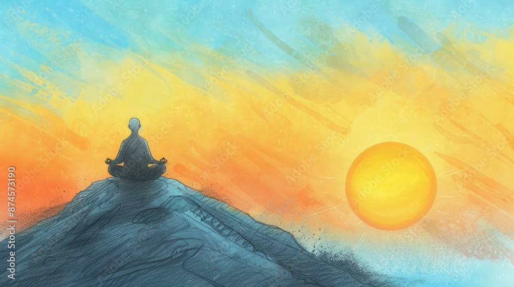 A philosopher meditating atop a mountain at sunrise contemplating lifes ...