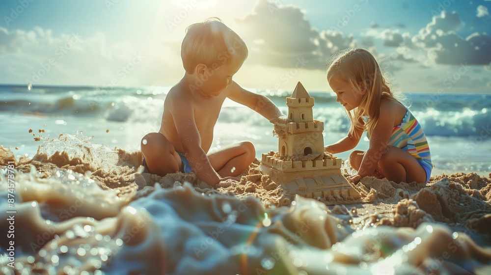 Boy and girl playing on the beach on summer holidays children building ...