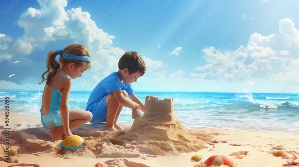 Boy and girl playing on the beach on summer holidays children building ...
