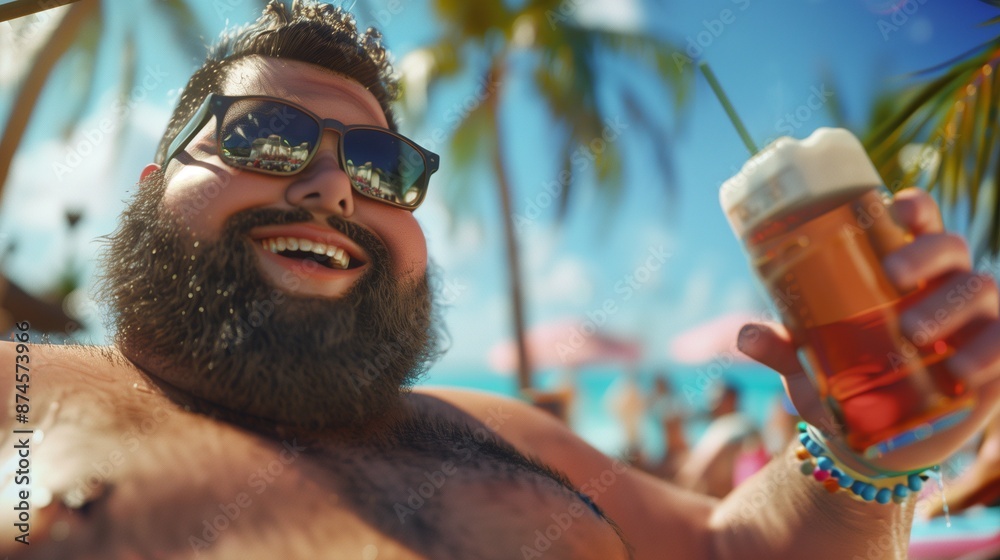 Exxaggeratedly fat young man with sunglasses and bearded holding up ...
