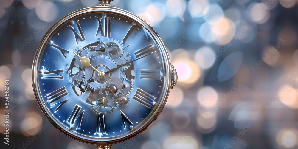 Vintage blue and gold mechanical clock with intricate gear mechanism ...