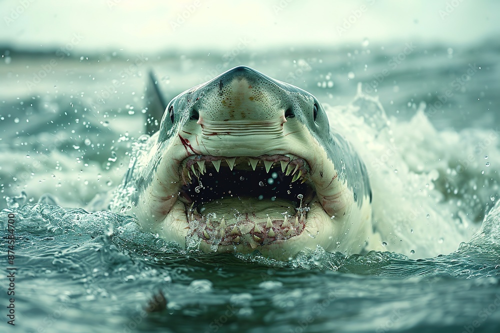 A plus four meter great white shark jumping out of the water with an ...