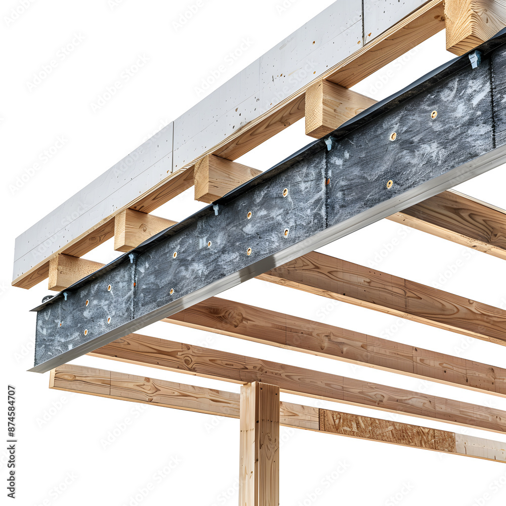 Foto de placing vinyl soffit plastic boards on roof rafters in new ...