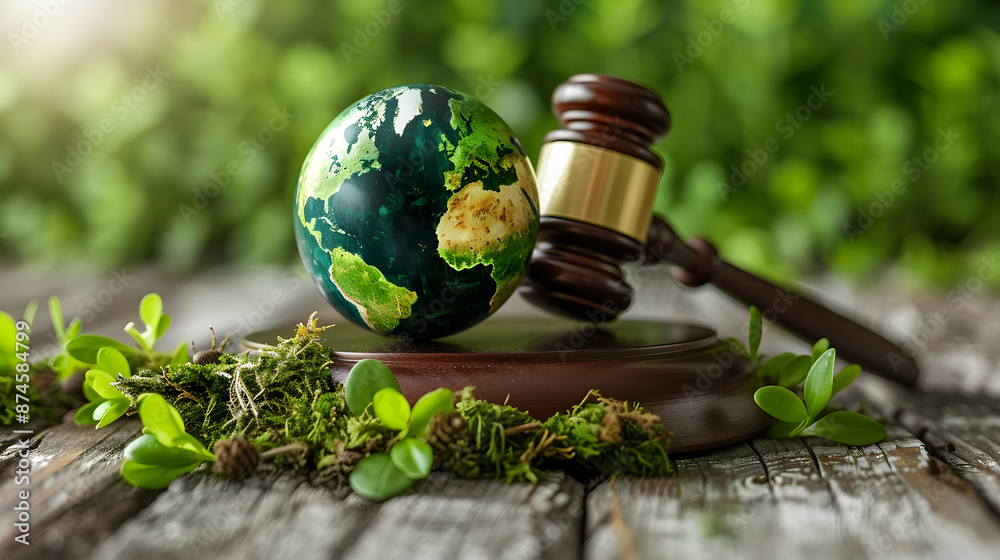 environment law. green globe world and gavel hammer. environmental protection and eco-friendly ...