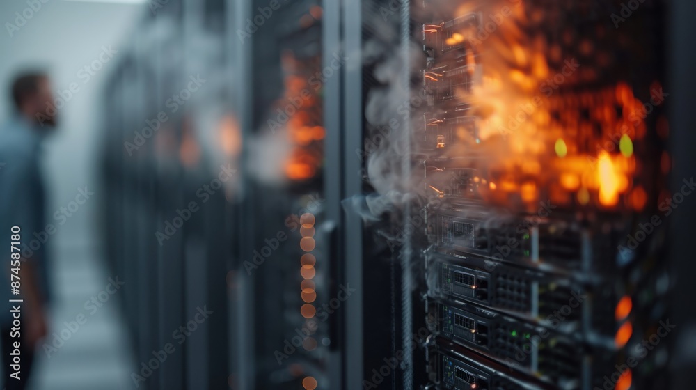 This image depicts a server rack in a data center with flames and smoke ...